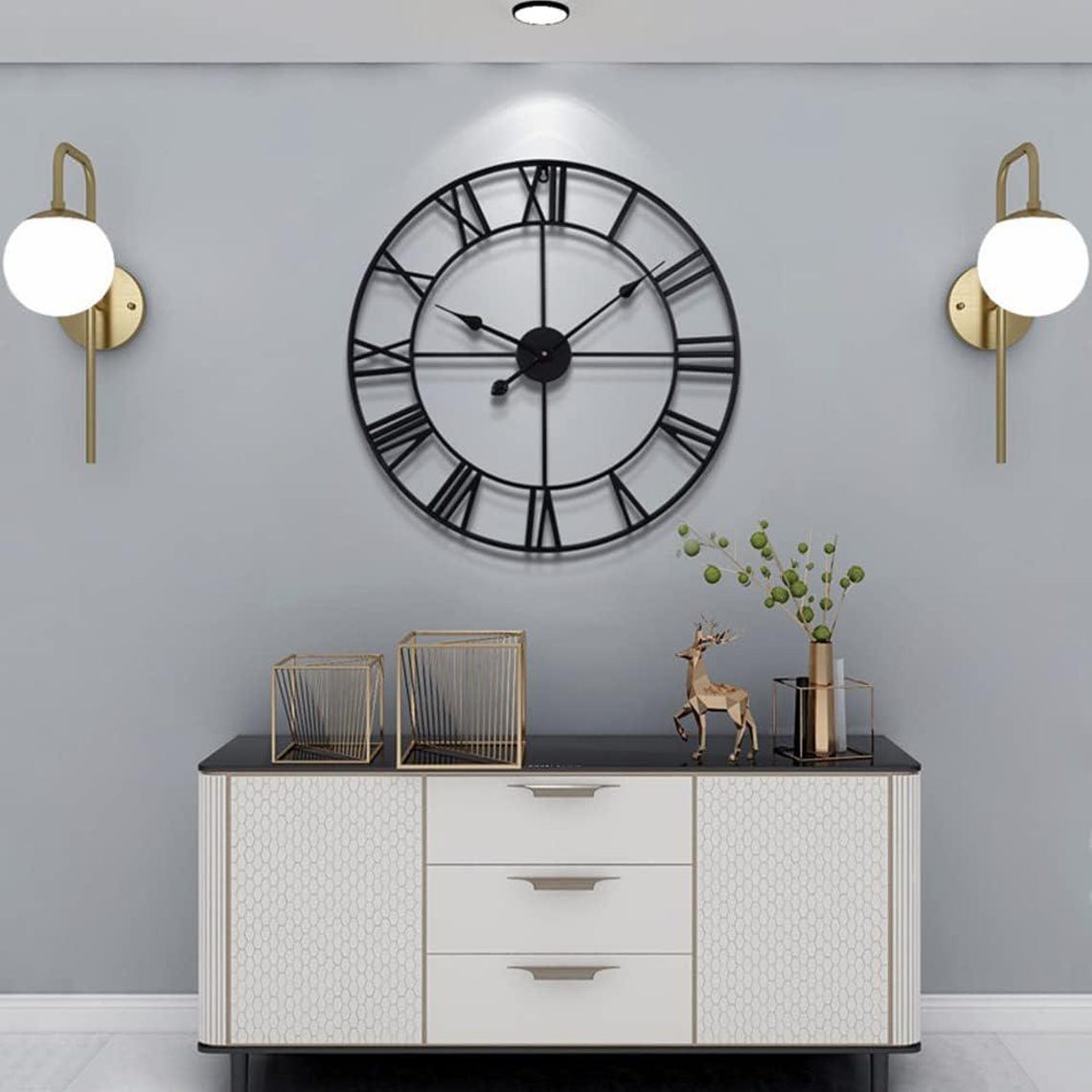 Rustic Farmhouse Wall Clock - 60cm Black Metal Roman Numerals Silver ...