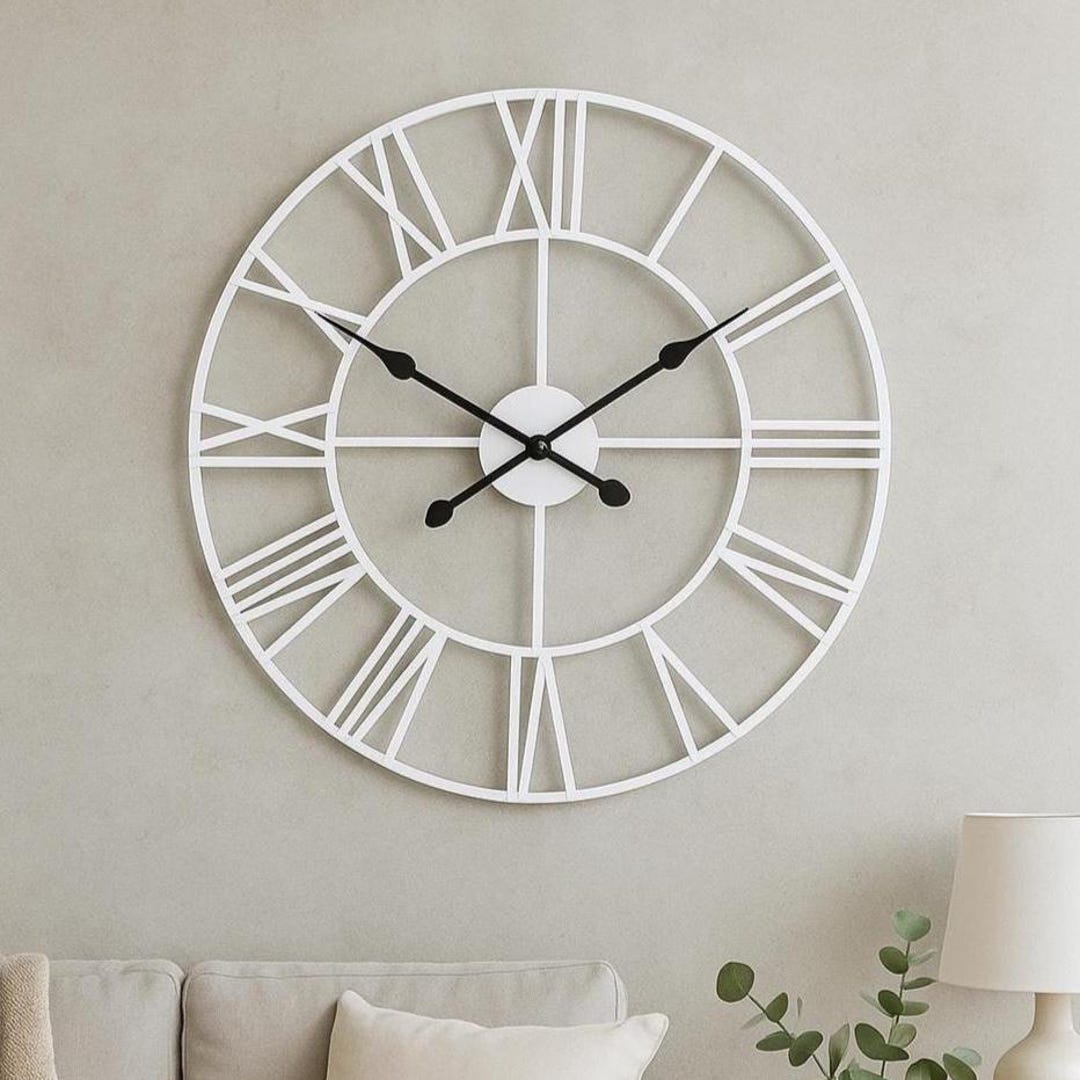White Rustic Roman Numeral Wall Clock - 60cm Silent Metal Art - Etsy