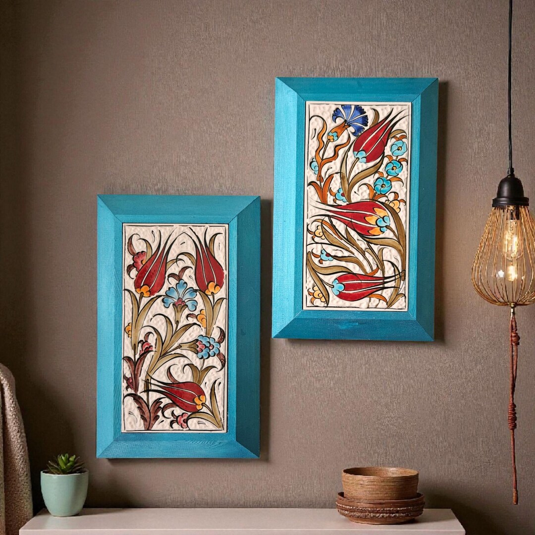 Handmade Turkish Tile Wall Art, Blue Wooden Framed, Set of 2 - Etsy
