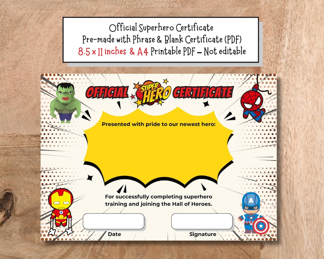 Superhero Certificate, Superhero Party Printable, Superhero Party Favor ...