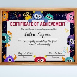 Printable Monster-themed Certificates of Achievement for Kids, Award ...