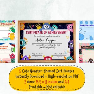 Printable Monster-themed Certificates of Achievement for Kids, Award ...