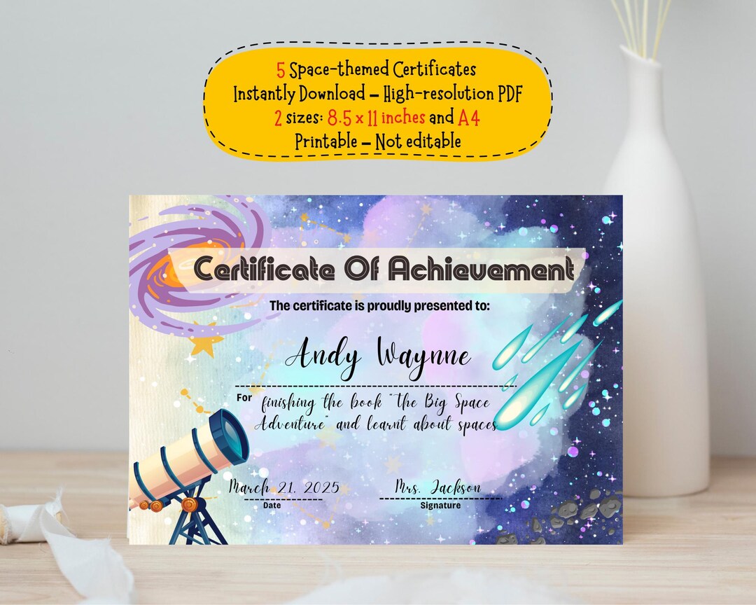 Set of 5 Space-themed Certificates of Achievement for Kids, Award ...