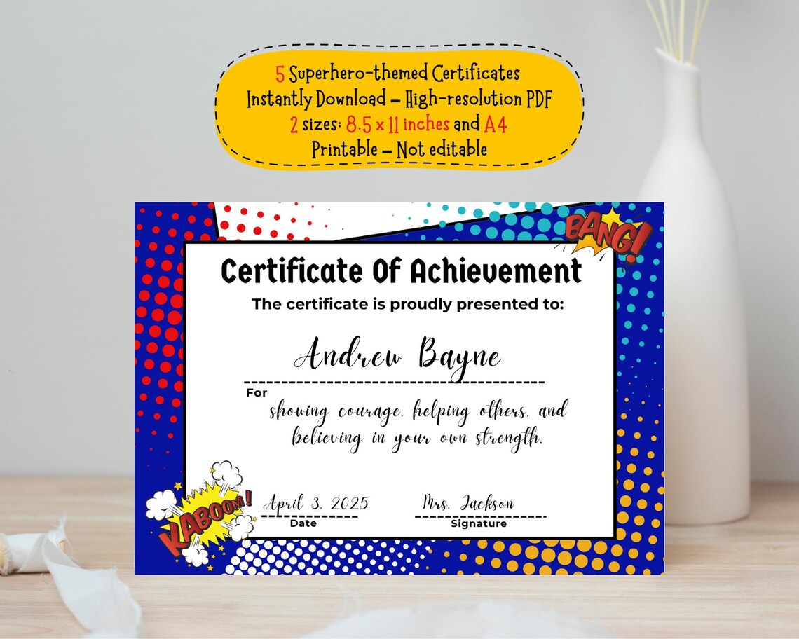 Printable Superhero-themed Certificates of Achievement for Kids, Award ...