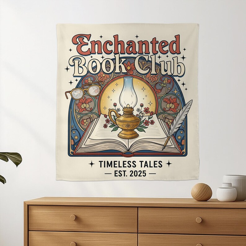 Vintage Book Club Tapestry: Literary Wall Decor, Quill & Floral Art - Etsy