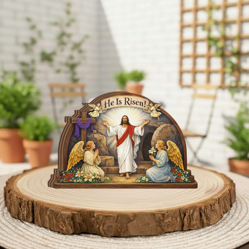 Il est ressuscité Pâques scène de résurrection tombeau croix en bois ...