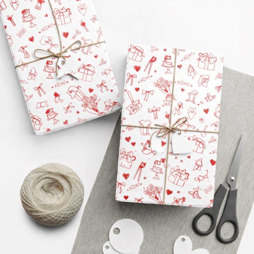 Valentine Doodle Wrapping Paper Red Cupid Kiss Heart Seamless Gift Wrap ...