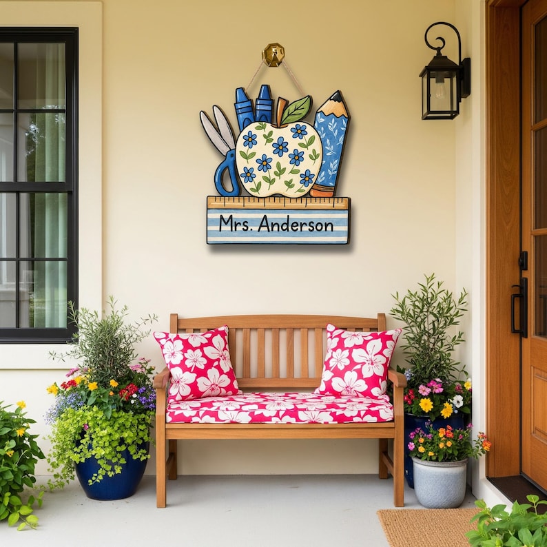 Personalized Teacher Door Sign, Floral Apple Classroom Decor, Back to ...