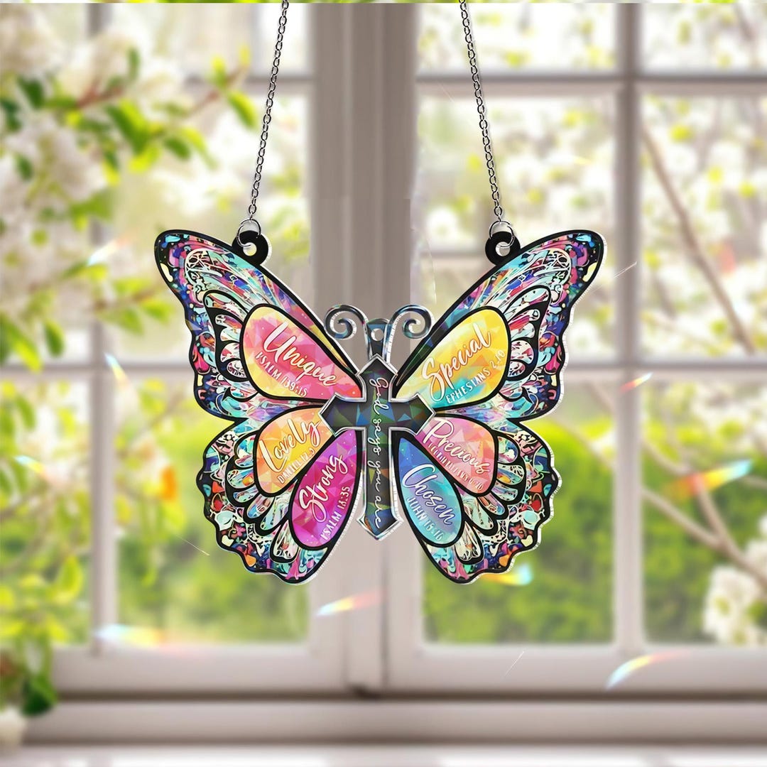 Butterfly Cross Suncatcher, Religious Gift for Women, Stained Glass ...