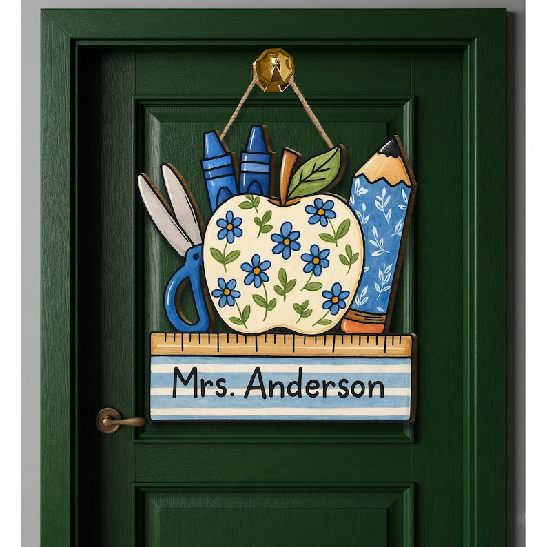 Personalized Teacher Door Sign, Floral Apple Classroom Decor, Back to ...