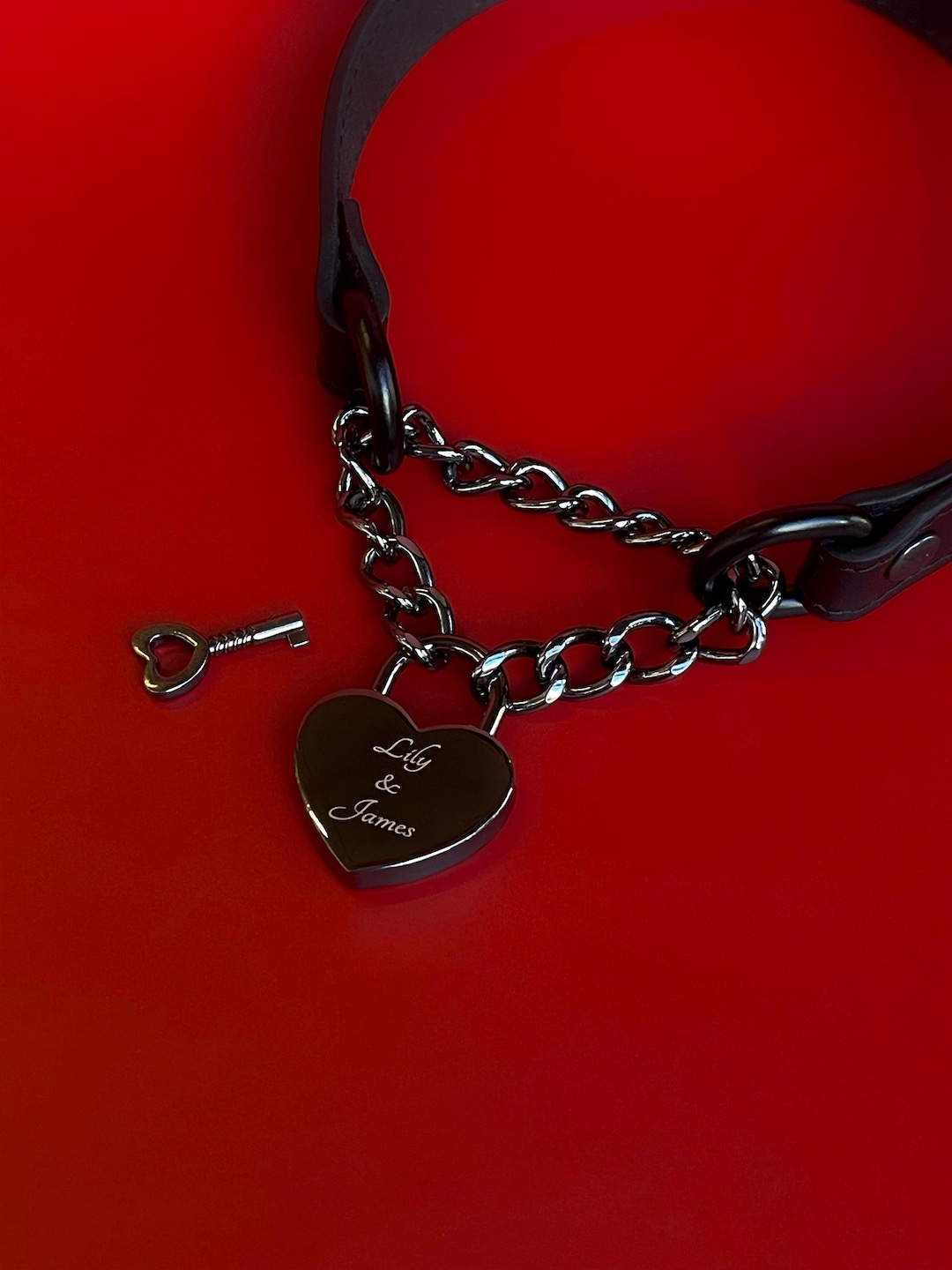 Personalized Leather Choker With Heart Lock & Key | Custom Engraved ...