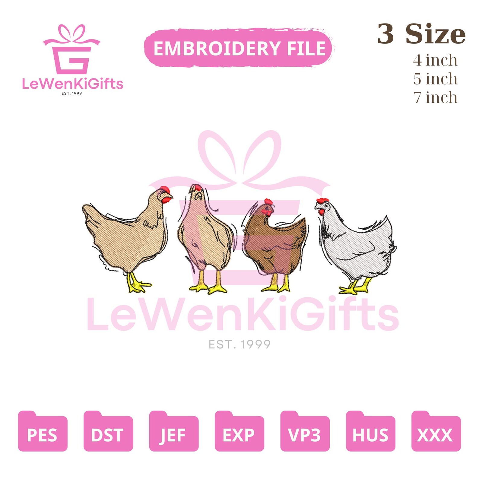 Chicken Embroidery Design - 4 Farm Chickens Machine Embroidery File ...