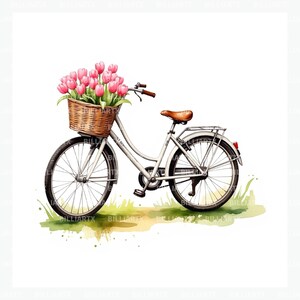 Spring Bicycle With Flowers Watercolor Clipart, Vintage Bike With ...
