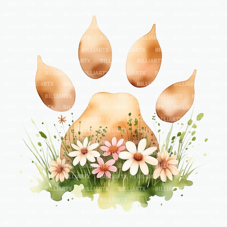Floral Paw Print Clipart PNG, Watercolor Flower Paw Prints Set, Boho ...