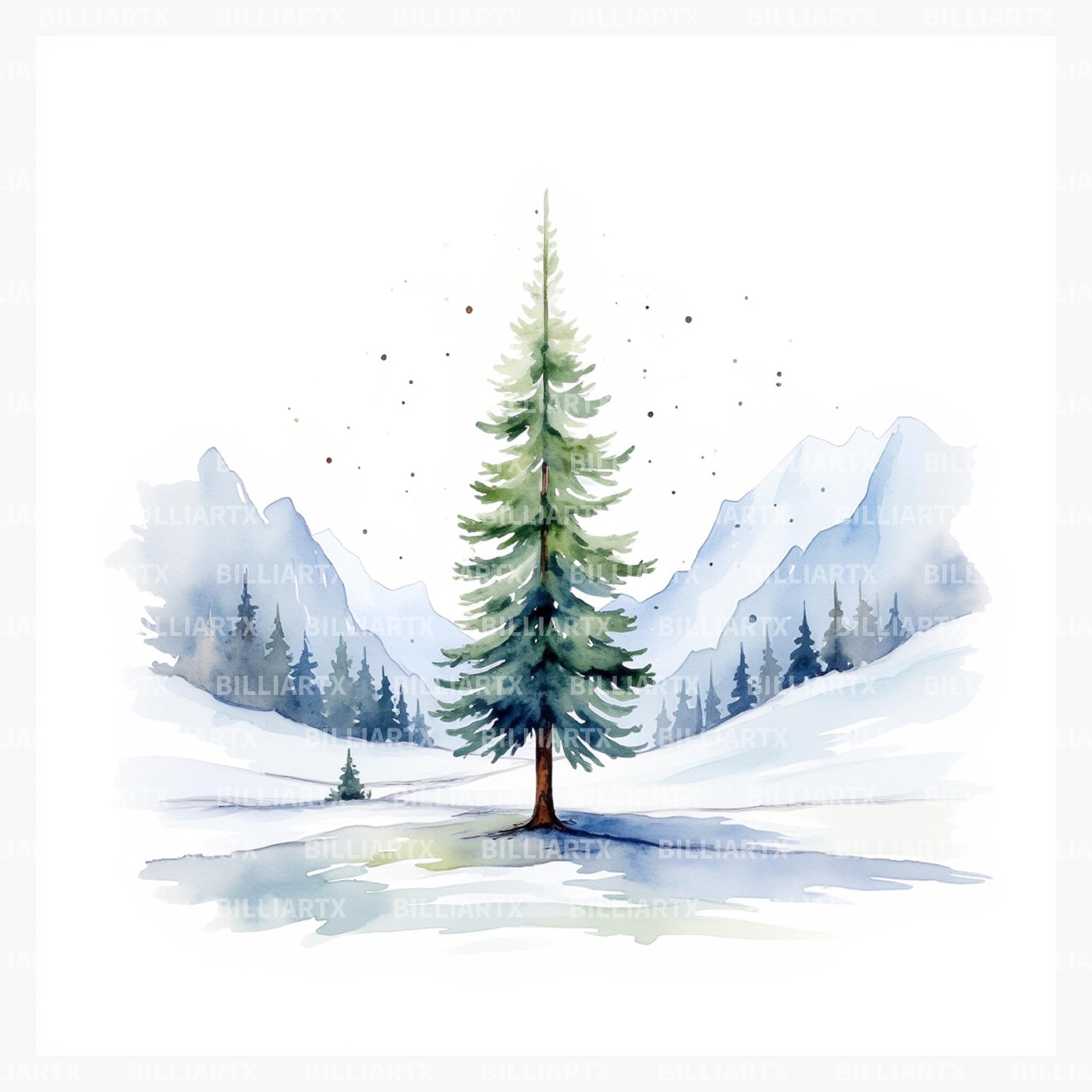Winter Landscape Clipart Bundle, Snowy Forest Watercolor JPG, Cabin ...
