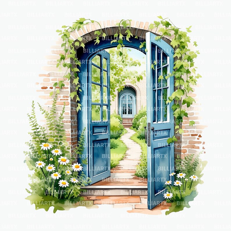 Garden Door Clipart PNG, Cottage Gate Watercolor Art, Floral Doorway ...