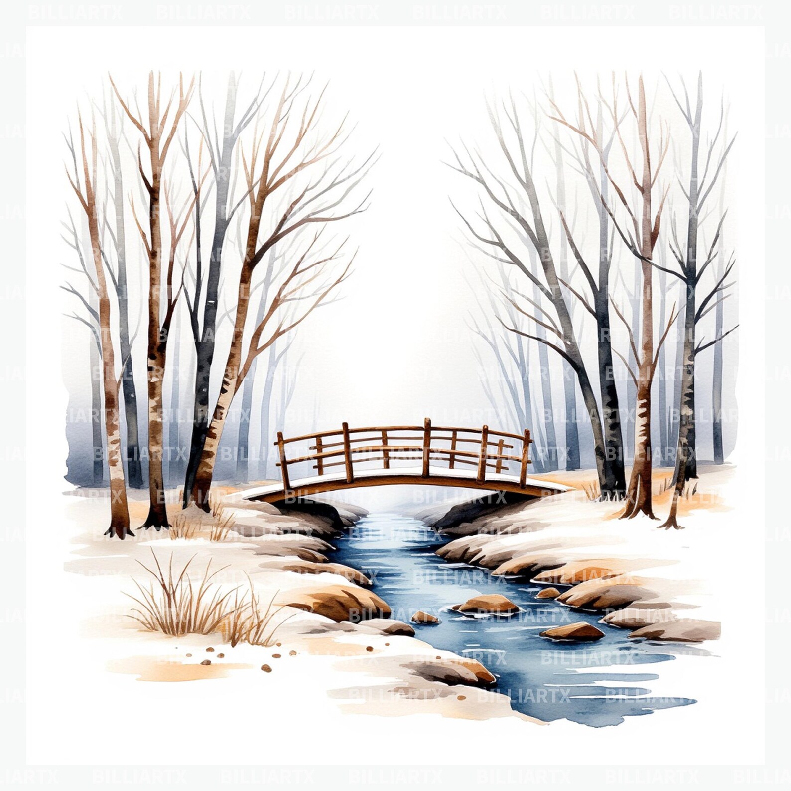 Winter Landscape Clipart Bundle, Snowy Forest Watercolor JPG, Cabin ...