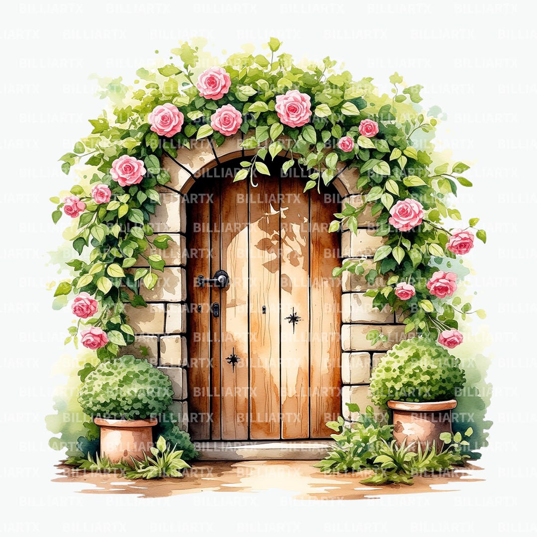 Garden Door Clipart PNG, Cottage Gate Watercolor, Floral Doorway Art ...
