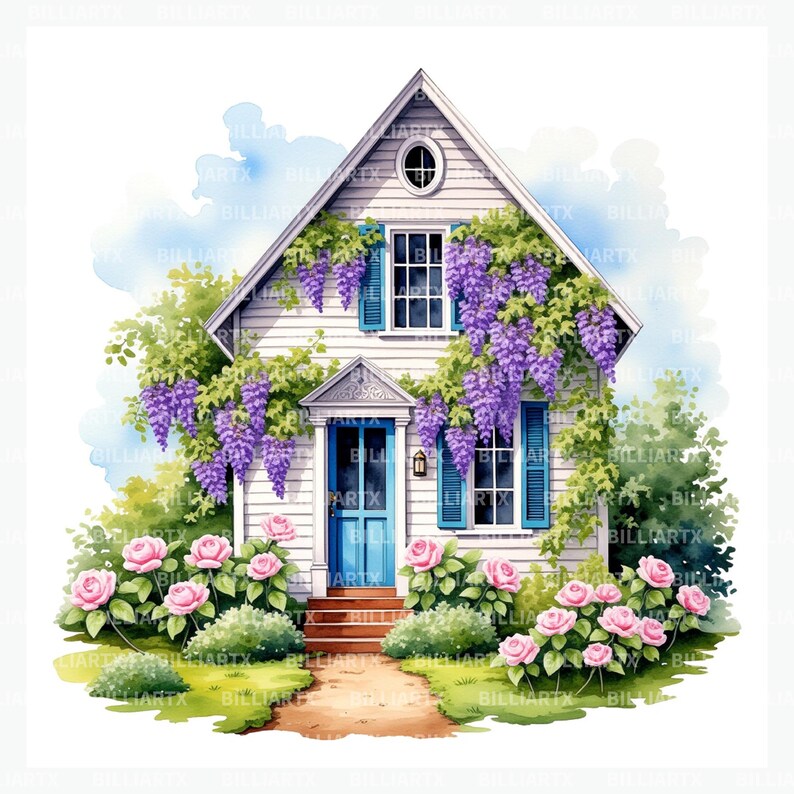 Cottage Garden Watercolor Clipart Bundle, Cozy Countryside House JPG ...
