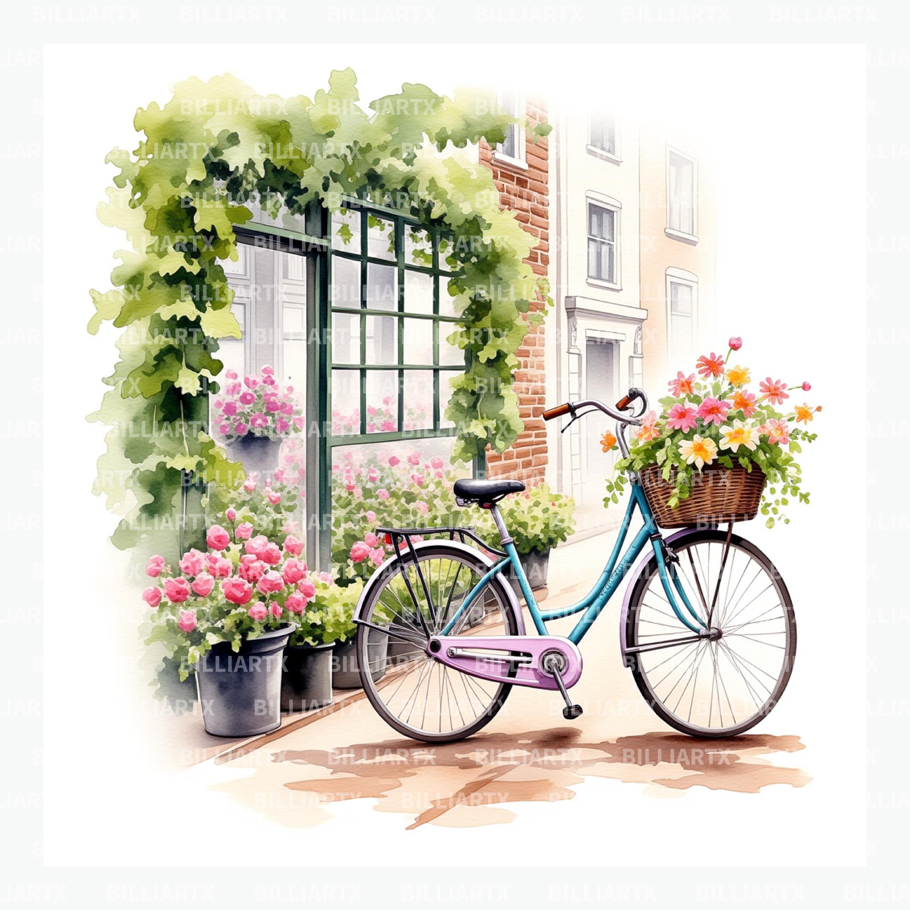 Spring Bicycle With Flowers Watercolor Clipart, Vintage Bike With ...