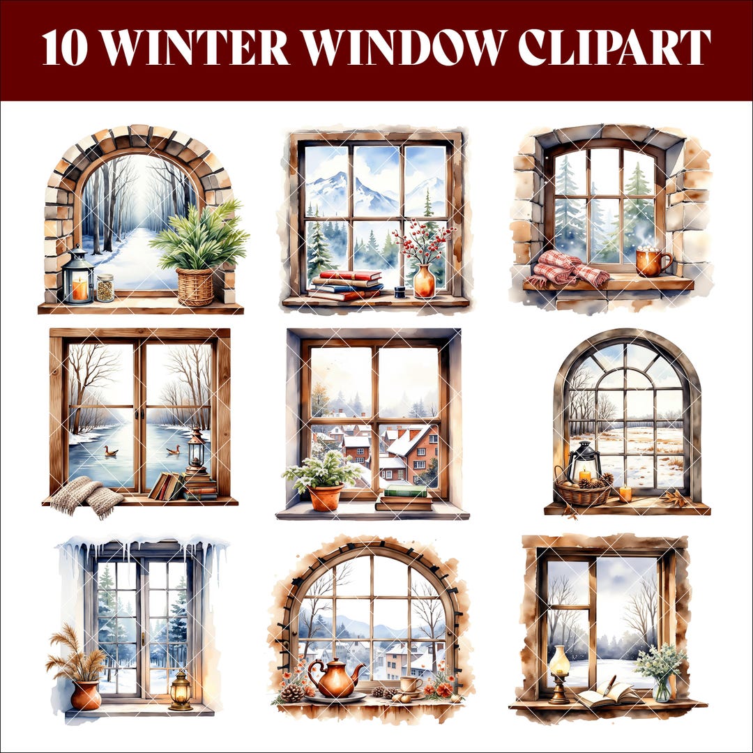 Cozy Winter Window Clipart PNG, Snowy Village & Cottage Window Scenes ...