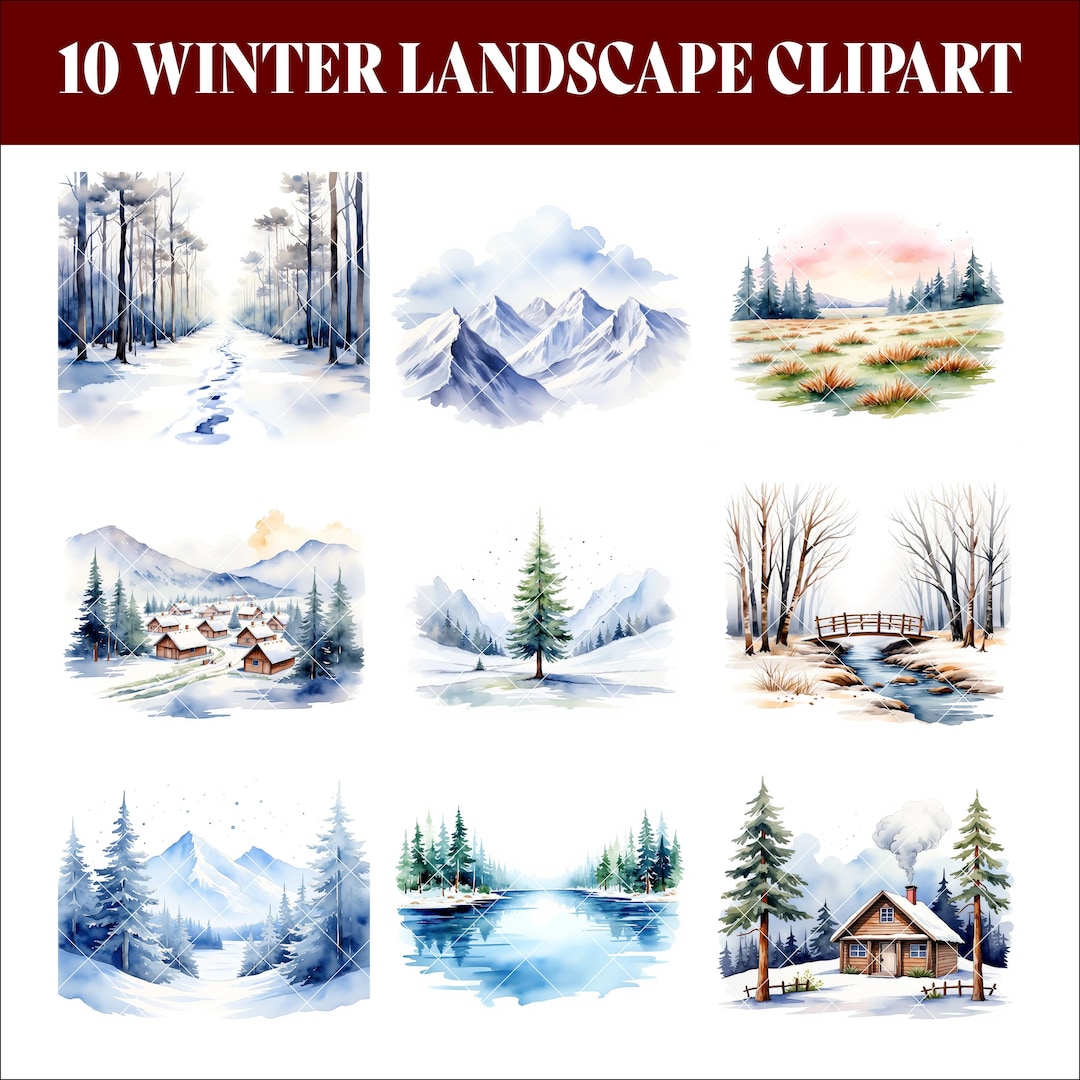 Winter Landscape Clipart Bundle, Snowy Forest Watercolor JPG, Cabin ...