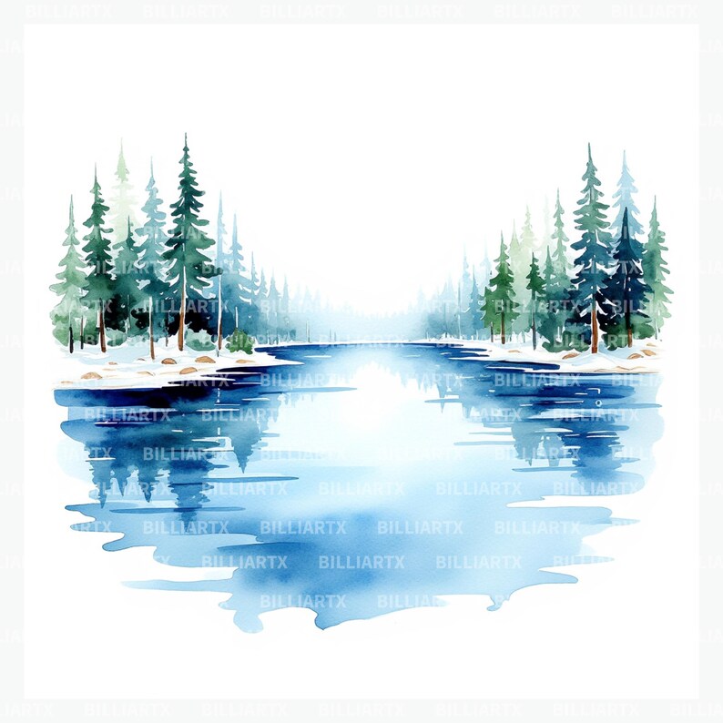 Winter Landscape Clipart Bundle, Snowy Forest Watercolor JPG, Cabin ...