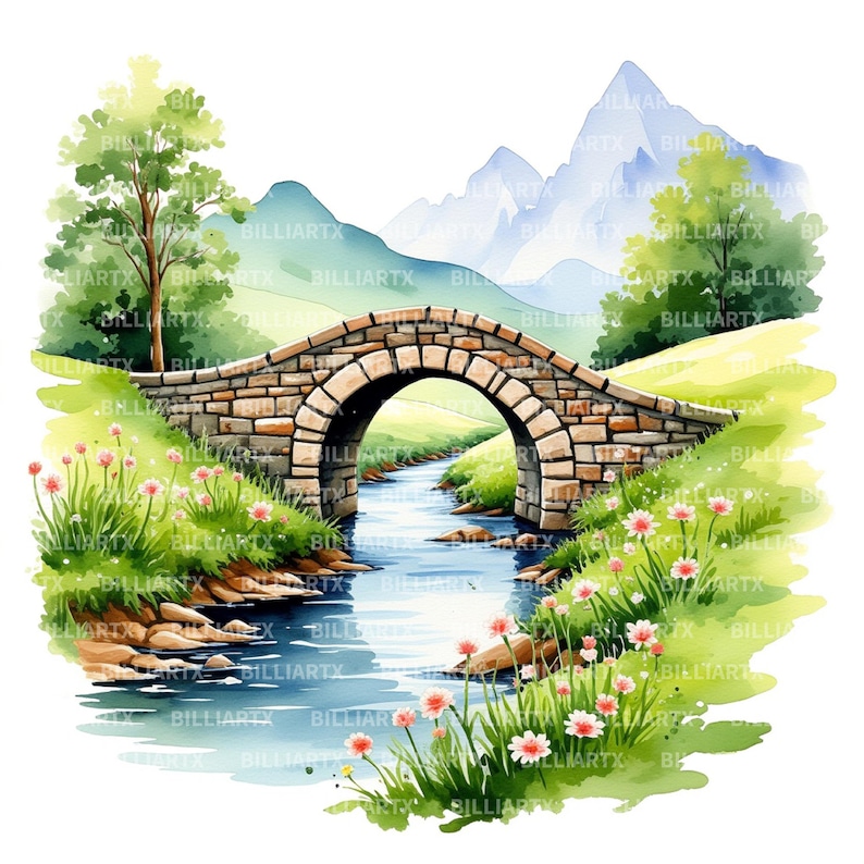 Countryside Bridge Clipart, Watercolor River Landscape JPG, Rustic ...