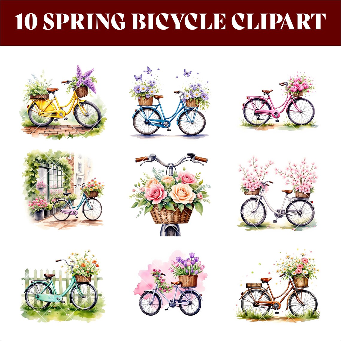 Spring Bicycle With Flowers Watercolor Clipart, Vintage Bike With ...