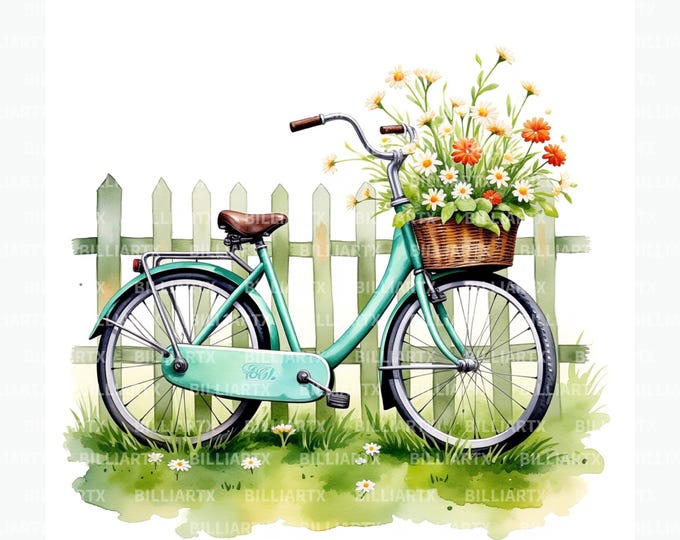 Spring Bicycle With Flowers Watercolor Clipart, Vintage Bike With ...
