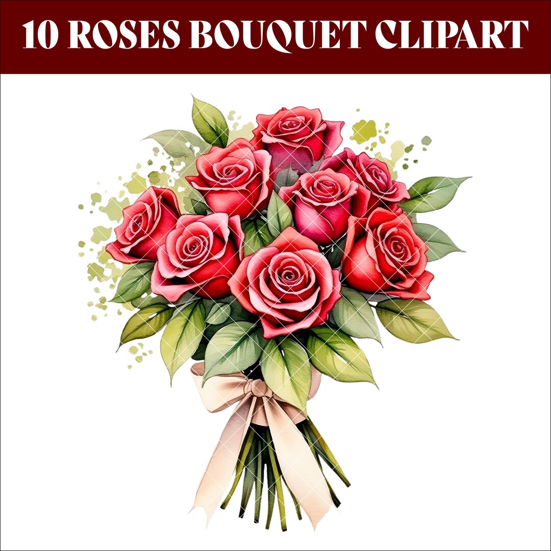 Red Rose Bouquet Clipart Set PNG, Watercolor Roses Bundle, Floral ...