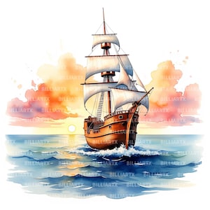 10 Sailing Ship Clipart JPG, Watercolor Nautical Boat Bundle, Vintage ...