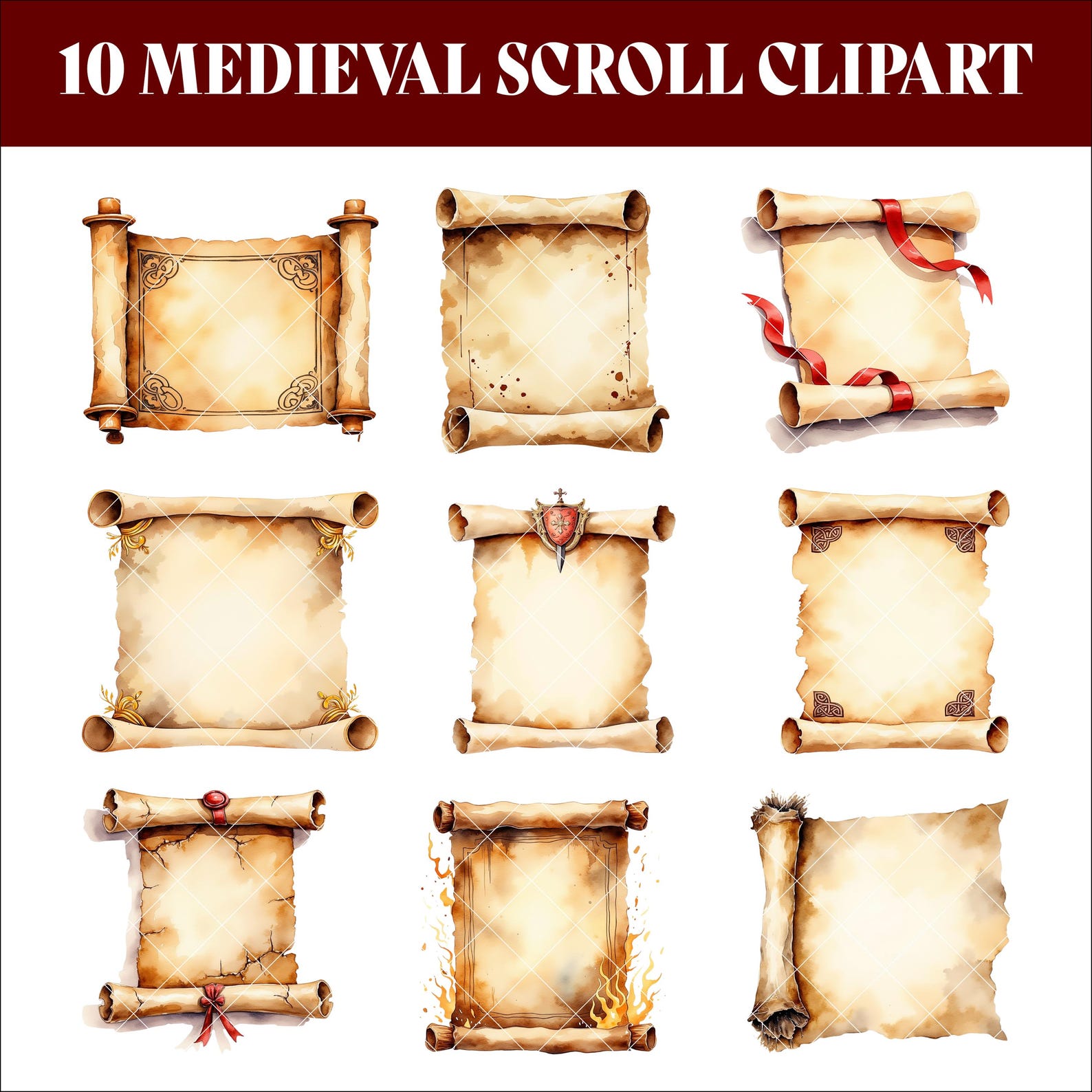 Medieval Scroll Clipart Bundle, 10 Vintage Parchment Scroll PNG, Old ...