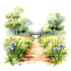 Countryside Bridge Clipart, Watercolor River Landscape JPG, Rustic ...