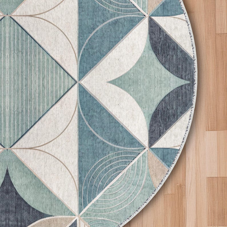 Geometric Modern Round Rug for Living Room – Blue Beige Minimalist ...