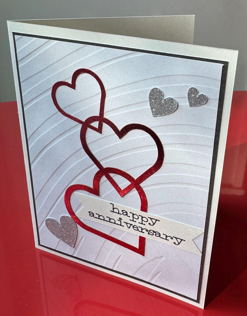 Handmade Anniversary Card | Red Silver Hearts, Embossed Modern Design ...