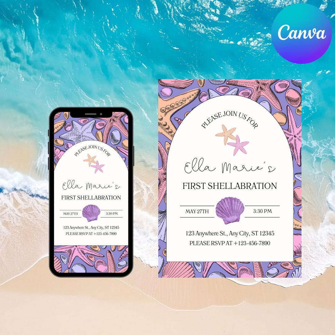 Editable Seashell Birthday Invitation | First Shellabration Canva ...