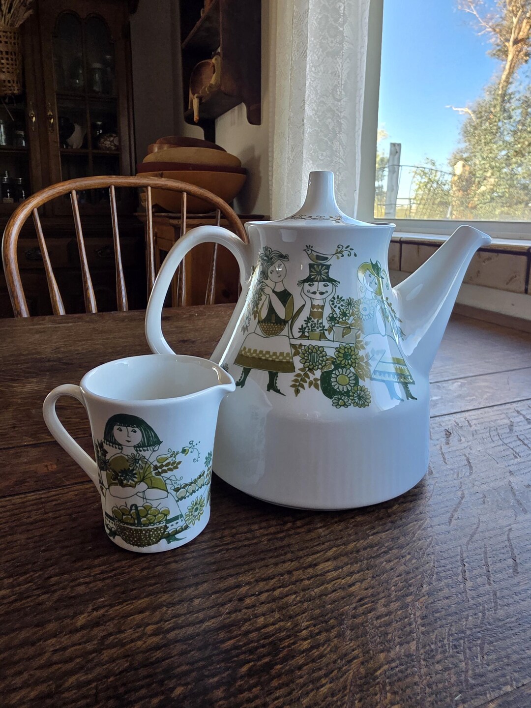 Figgjo Flint Teapot Tea Pot & Creamer Vintage Norwegian Folk Art Green ...