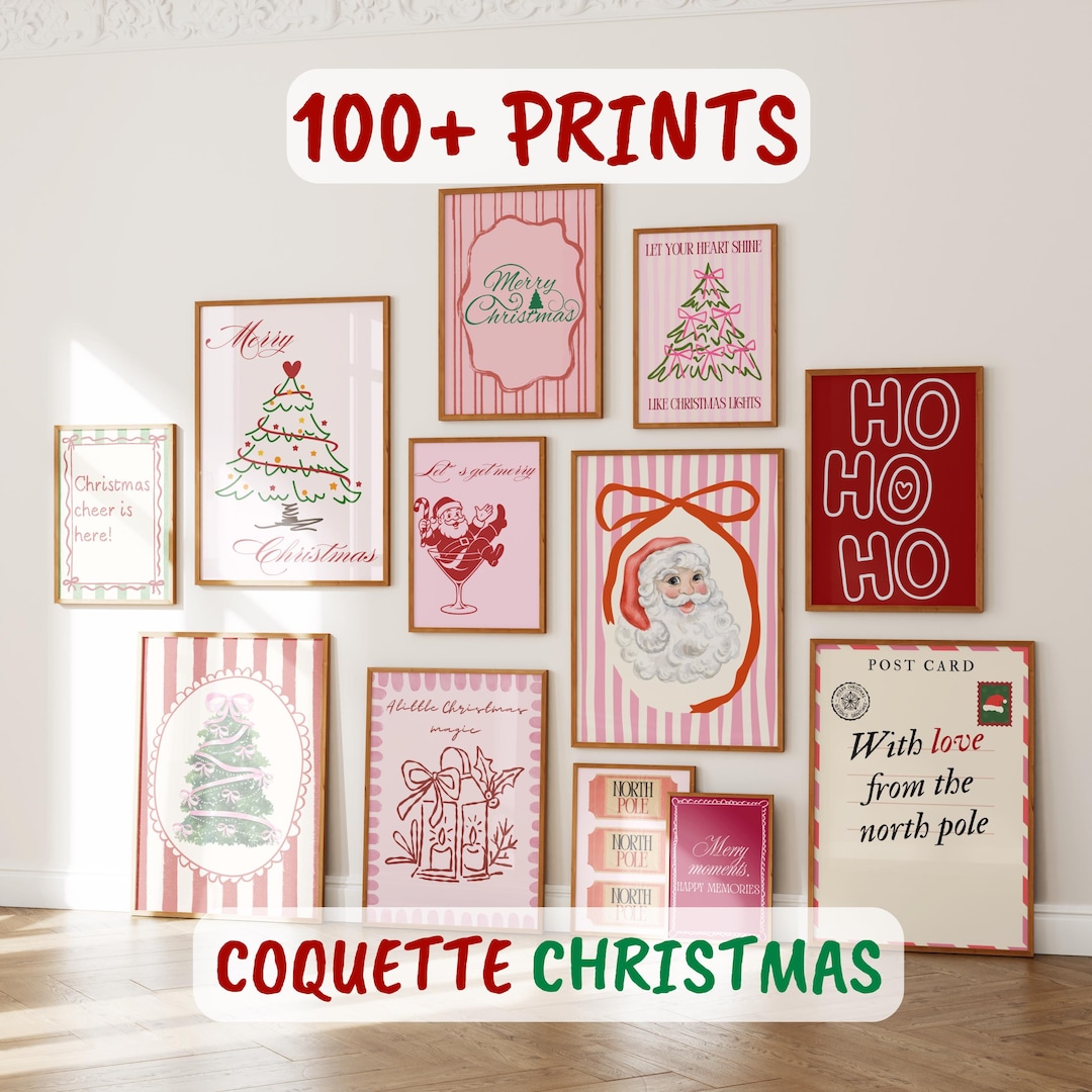 Coquette Christmas Wall Art Set – Girly Pink Holiday Prints (digital ...