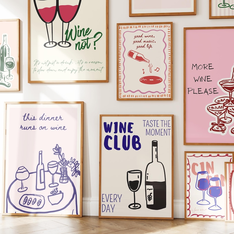 50 Trendy Wine Prints Wall Art Set Aesthetic Kitchen Bar Funky Decor ...