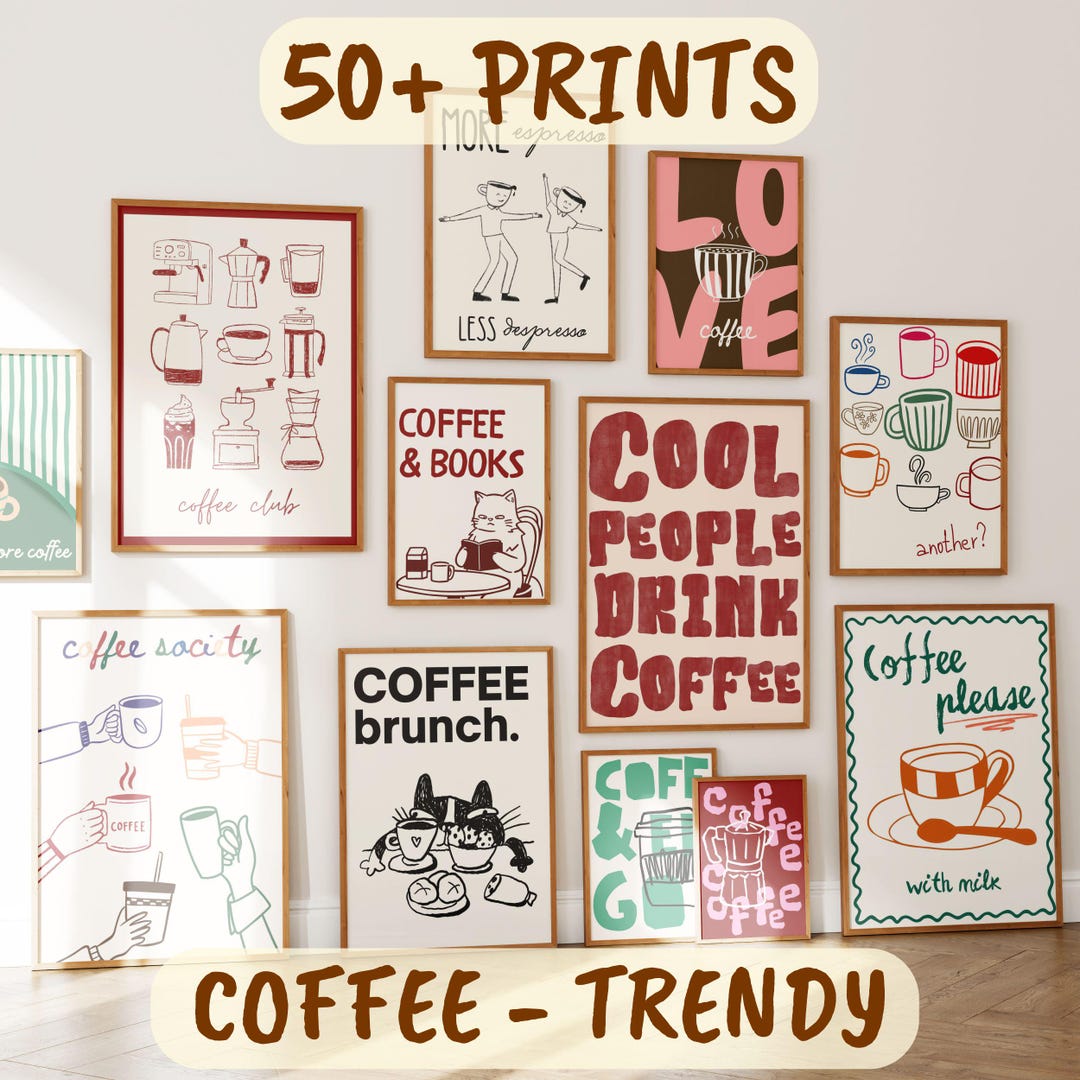 50 Coffee Poster Bundle, Coffee Shop Wall Art Set, Cute Preppy Kitchen ...