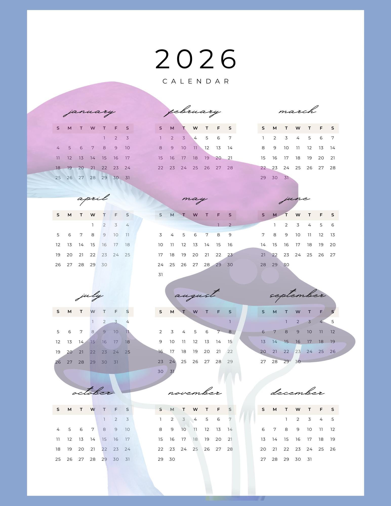 2026 Floral Year At-a-glance Calendar: 8.5x11 Printable (PDF Download ...