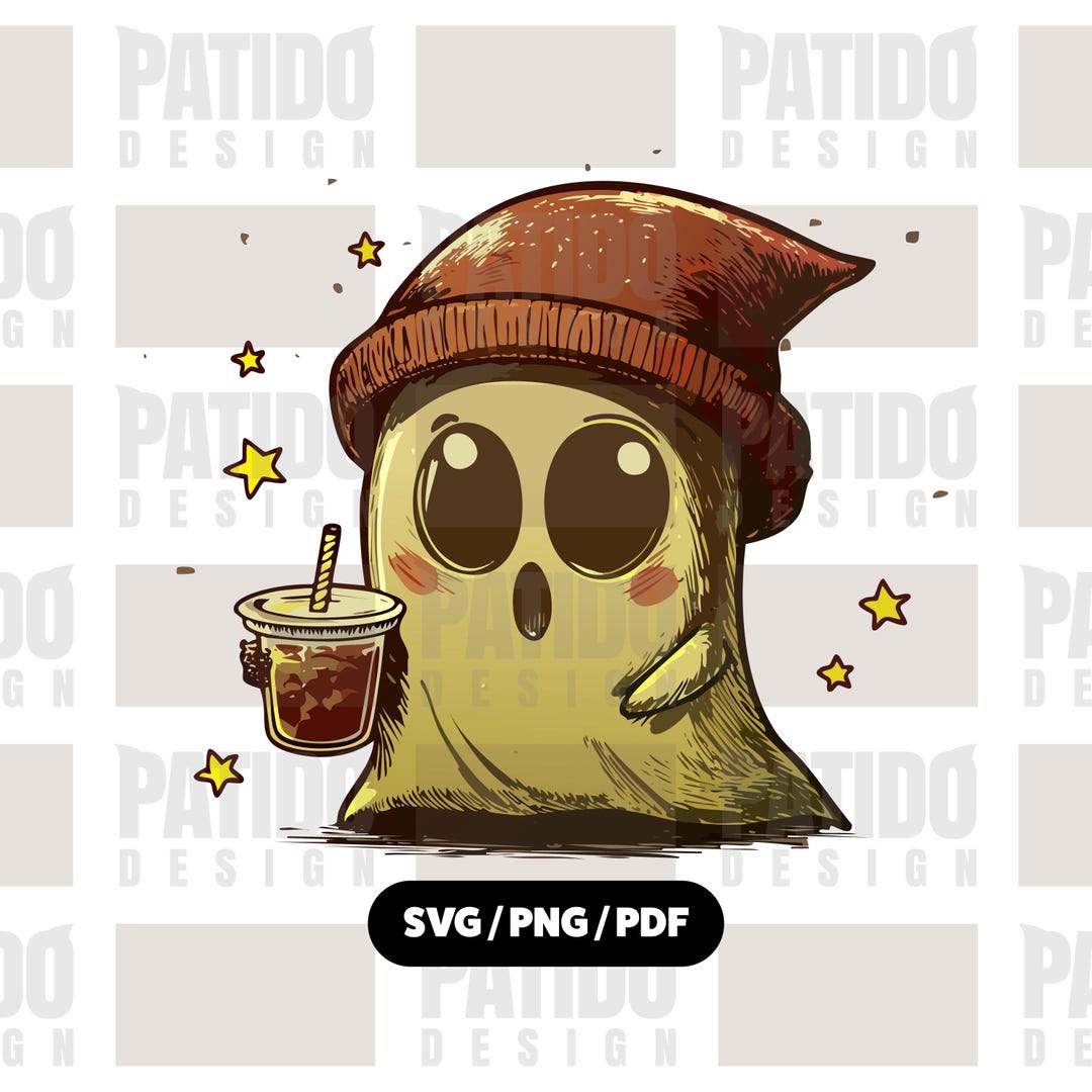Cute Halloween Ghost With Boba Tea in Beanie SVG PNG | Kawaii Spooky ...