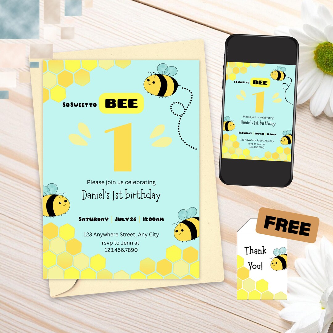 Honey Bee Birthday Invitation: Editable Bumble Bee Party (digital ...