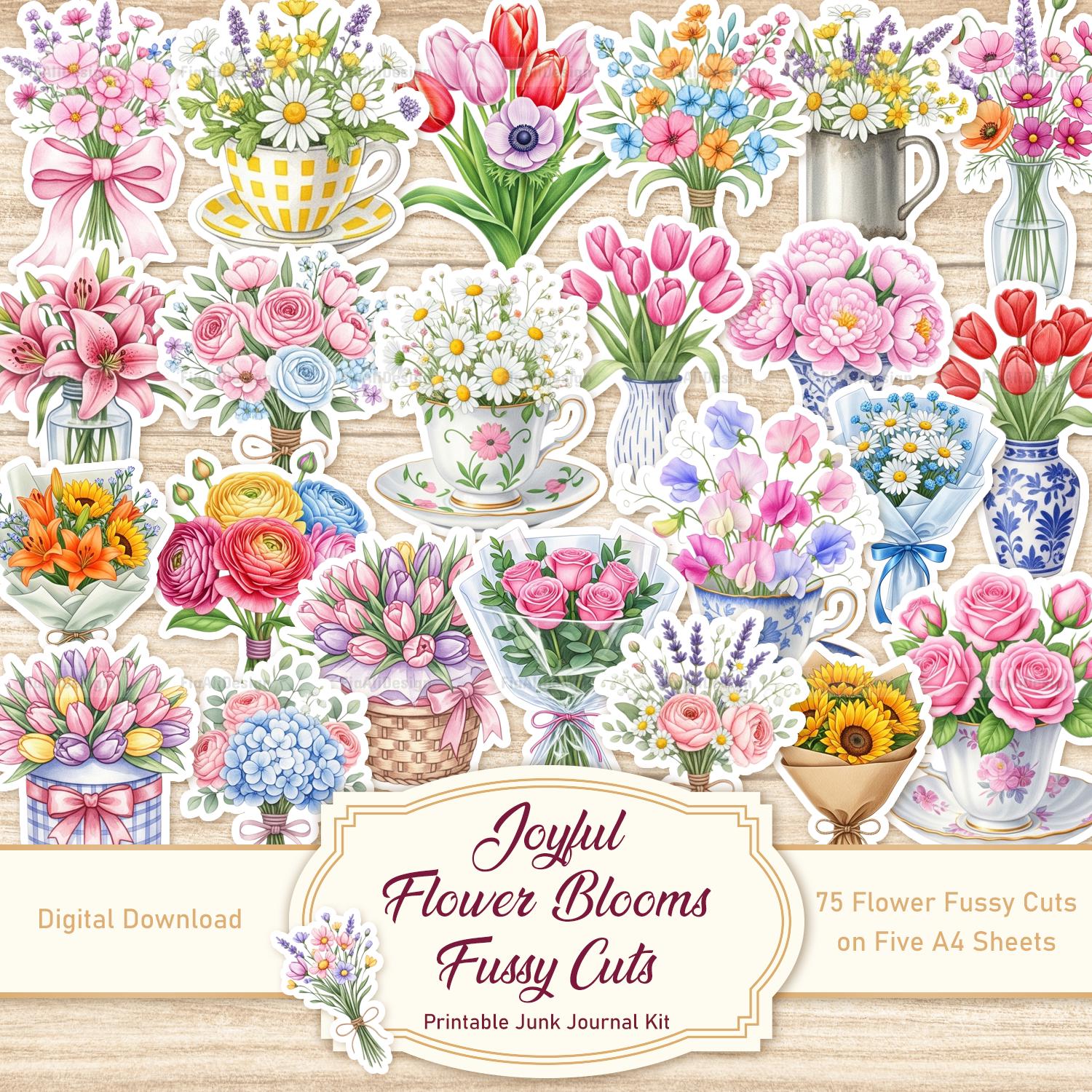 Joyful Flower Blooms Fussy Cut, Junk Journal Printable, Junk Journal ...