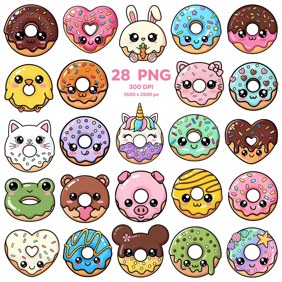 Sweet Kawaii Donuts Clipart, Cute Donut Clipart, Adorable Donut Clipart ...