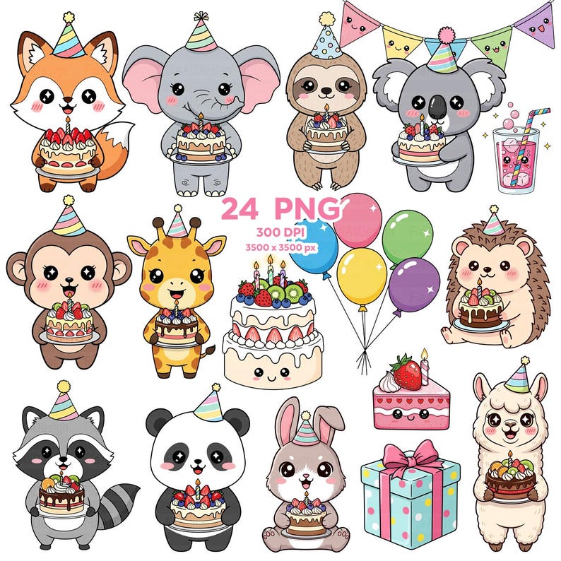 Animal Birthday Party Clipart, Kawaii Animal Clipart, Birthday Party ...