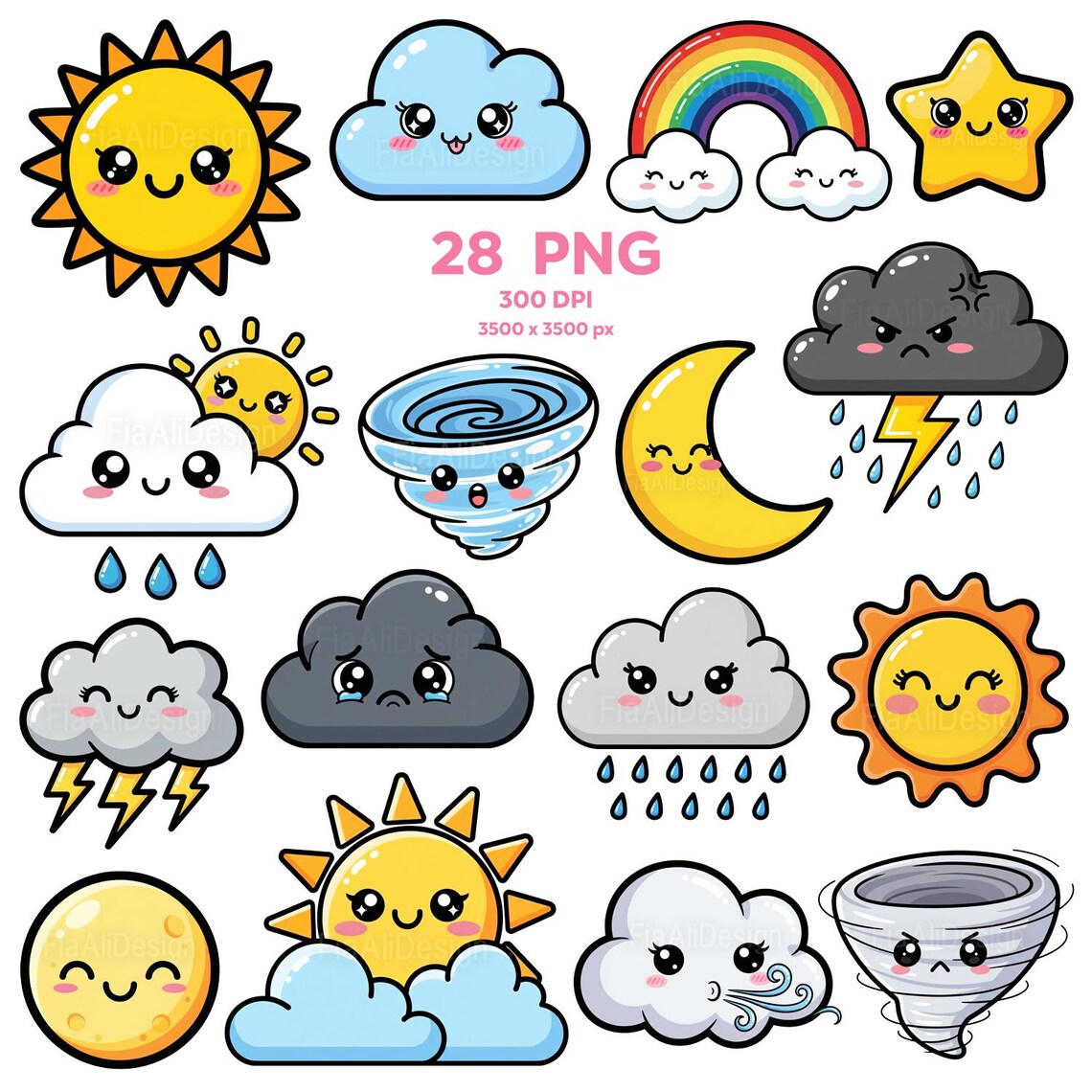 Mood of the Sky Clipart, Adorable Weather, Kawaii Sky Clipart, Cute ...