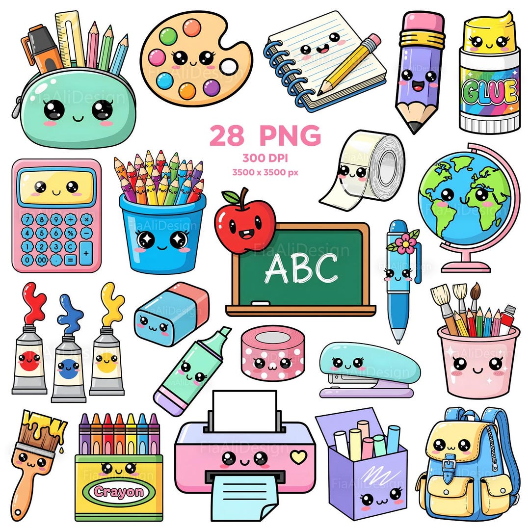 Sweet School Stationery Clipart, Back to School Clipart, Kawaii ...