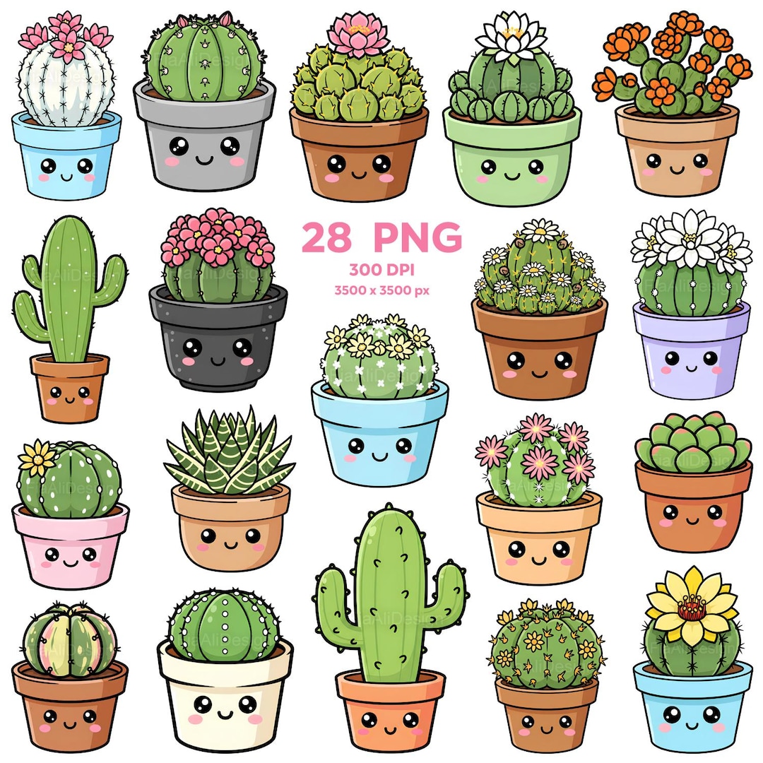 Cute Potted Cactus Clipart, Kawaii Cactus Clipart, Plant Clipart ...